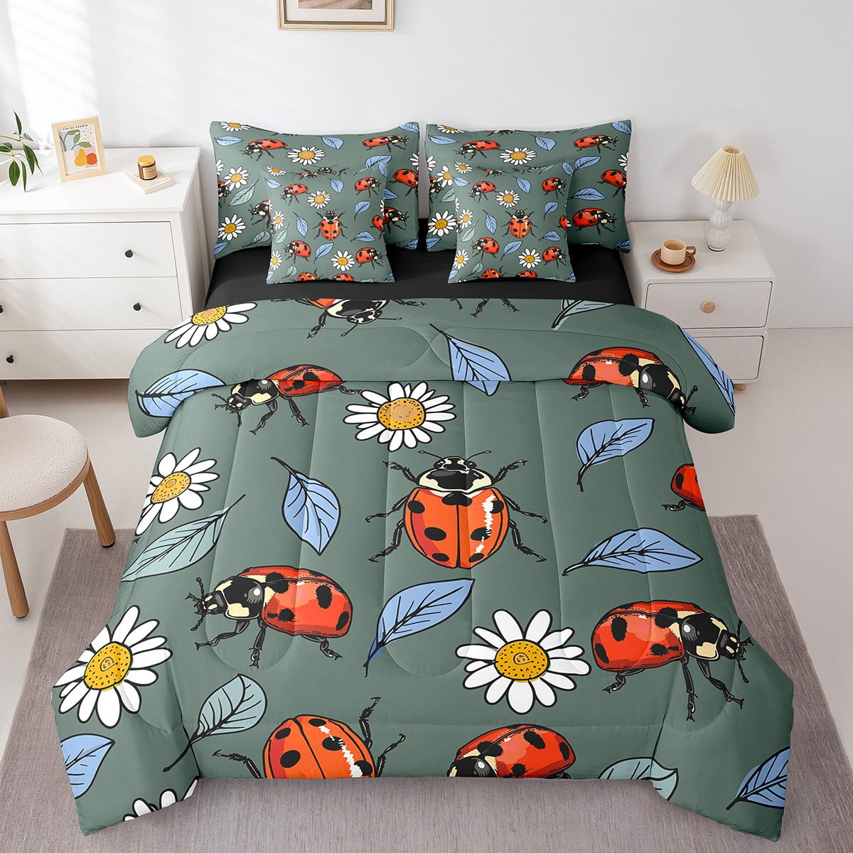 YST Cute Ladybug Bedding Queen Size 7-Piece White Daisy Floral ...