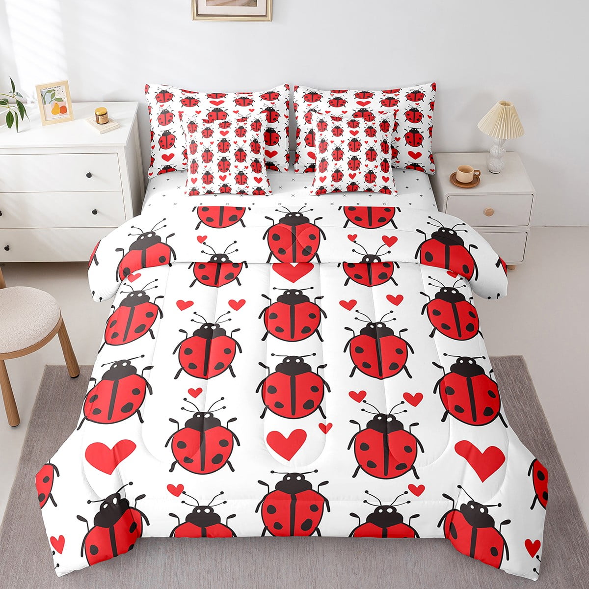 YST Cute Ladybug Bedding Set Twin Red Black Ladybird Comforter Set 7 ...