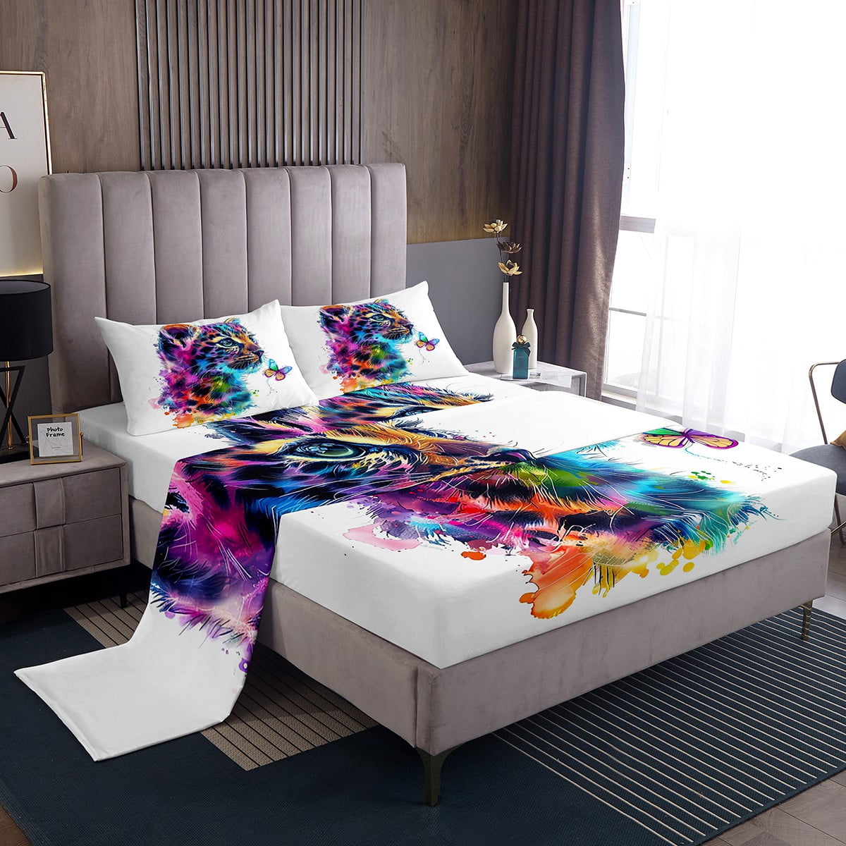 Cute Leopard Print Bed Sheets Set Blue Butterfly Queen Sheet Set ...