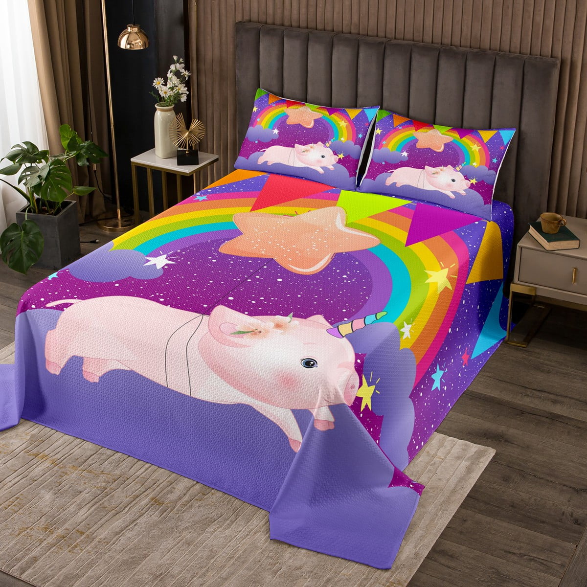 Erosebridal Cute Little Pink Pig Bedspread Set Galaxy Glitter Stars Cartoon Rainbow Quilt Set ...