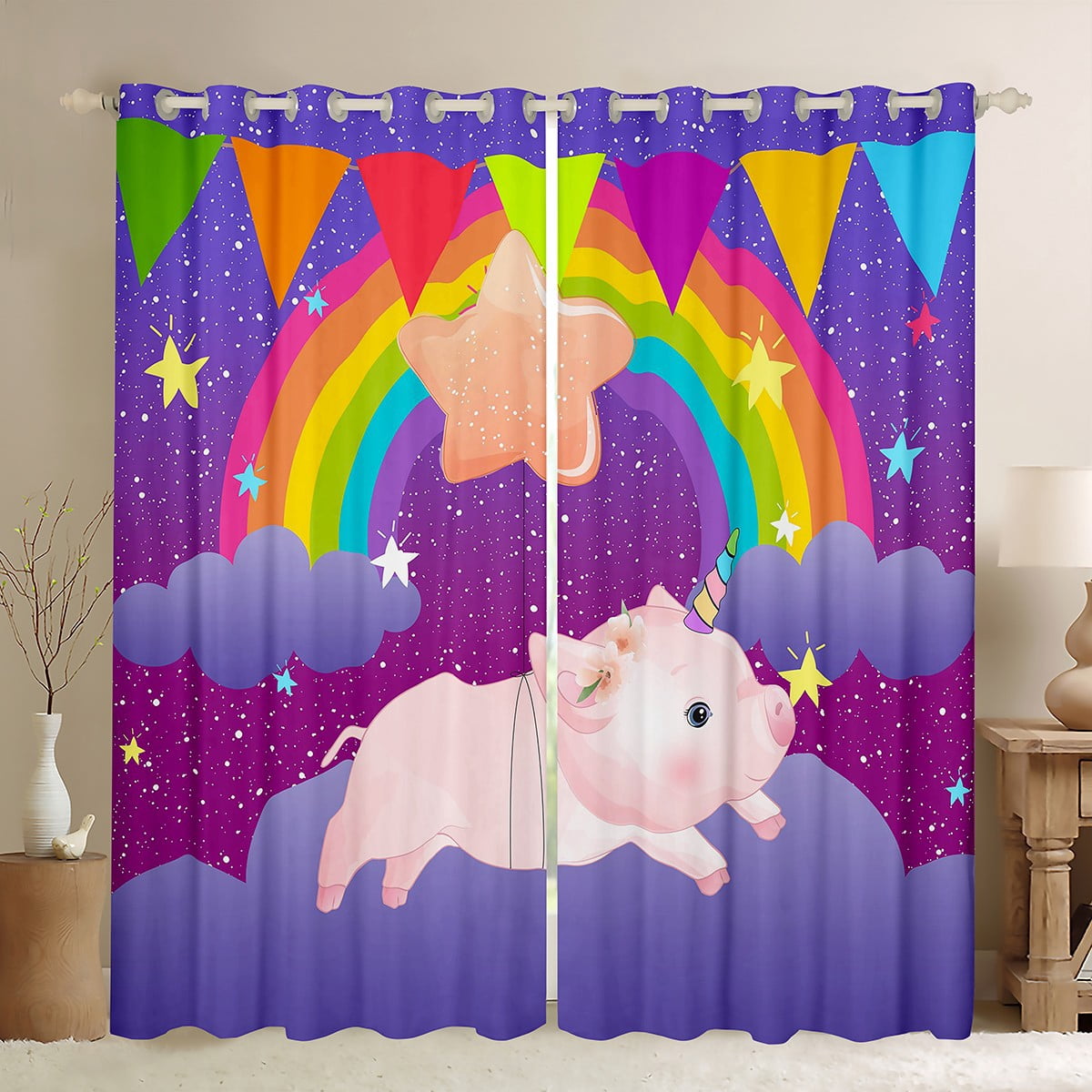 YST Cute Little Pink Pig Curtains & Drapes Galaxy Glitter Stars Cartoon ...