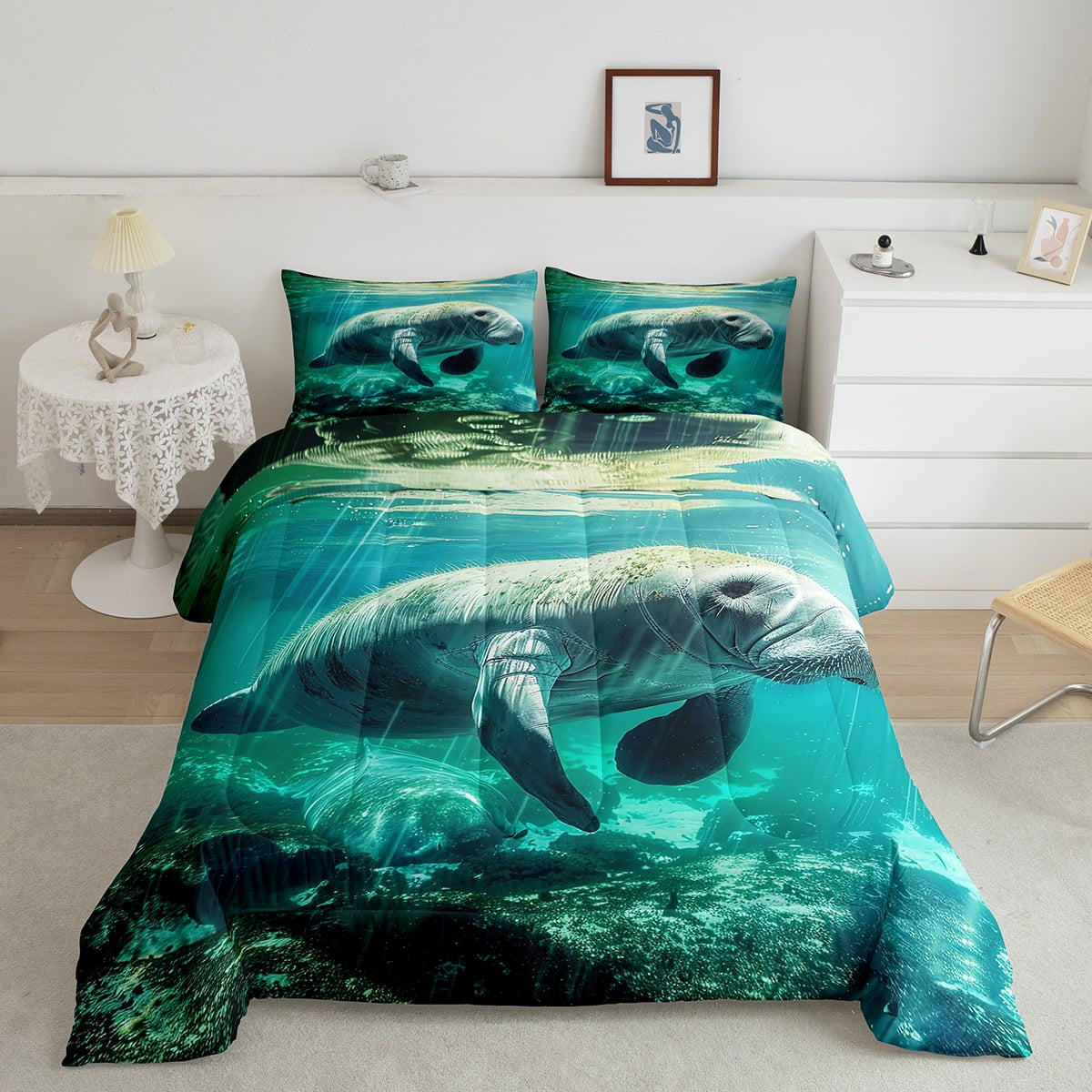 Cute Manatee Comforter Set Twin,Marine Life Bedding Set Teens Manatee Lovers Gift,Ocean Theme ...