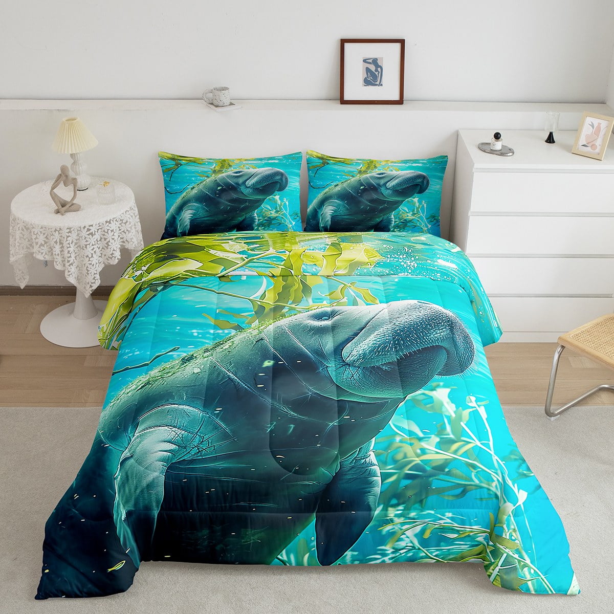 Cute Manatee Queen Comforter Set ,3D Manatee Bedding Set for Manatee Lovers,Underwater Oasis ...