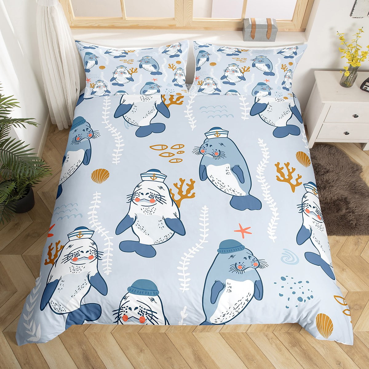 Erosebridal Cute Manatees Duvet Cover Twin, Sailor Caps Bandanas ...