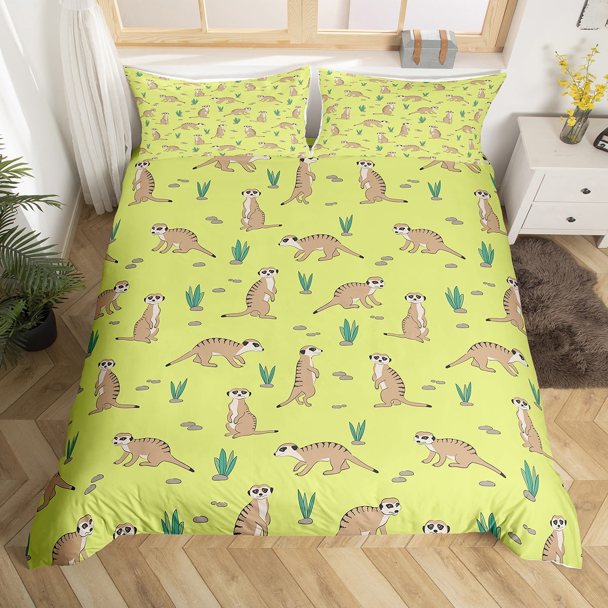 YST Cute Meerkat Bedding Set Queen Yellow Green Comforter Cover, Kawaii ...