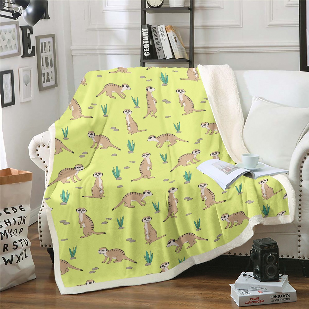 Cute Meerkat Throw Blanket for Couch Yellow Green Fleece Blanket, Kawaii Animal Sherpa Blanket ...