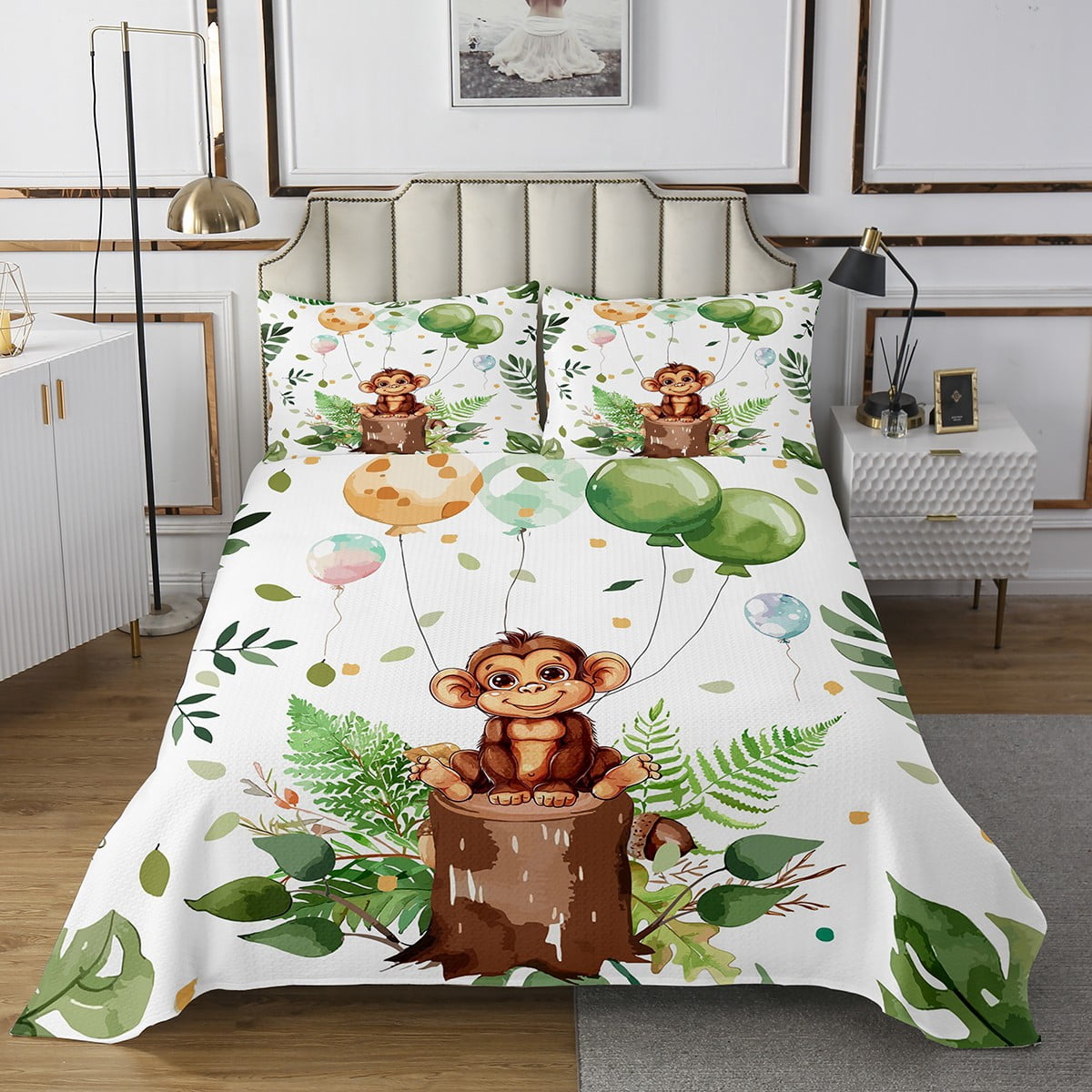 Cute Monkey Coverlet Set Twin Cartoon Balloon Monkey Quilt Set Jungle ...