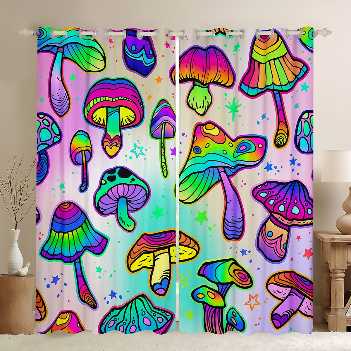 Erosebridal Cute Mushroom Window Curtains 38"Wx45"L Hippie Mushroom ...