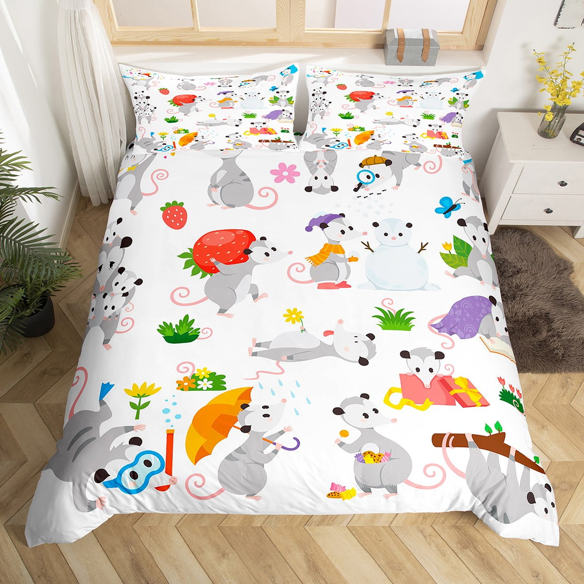 YST Cute Opossum Mouse Bed Set for Kids Boys Girls Kawaii Animal Duvet Cover, Cartoon Strawberry ...