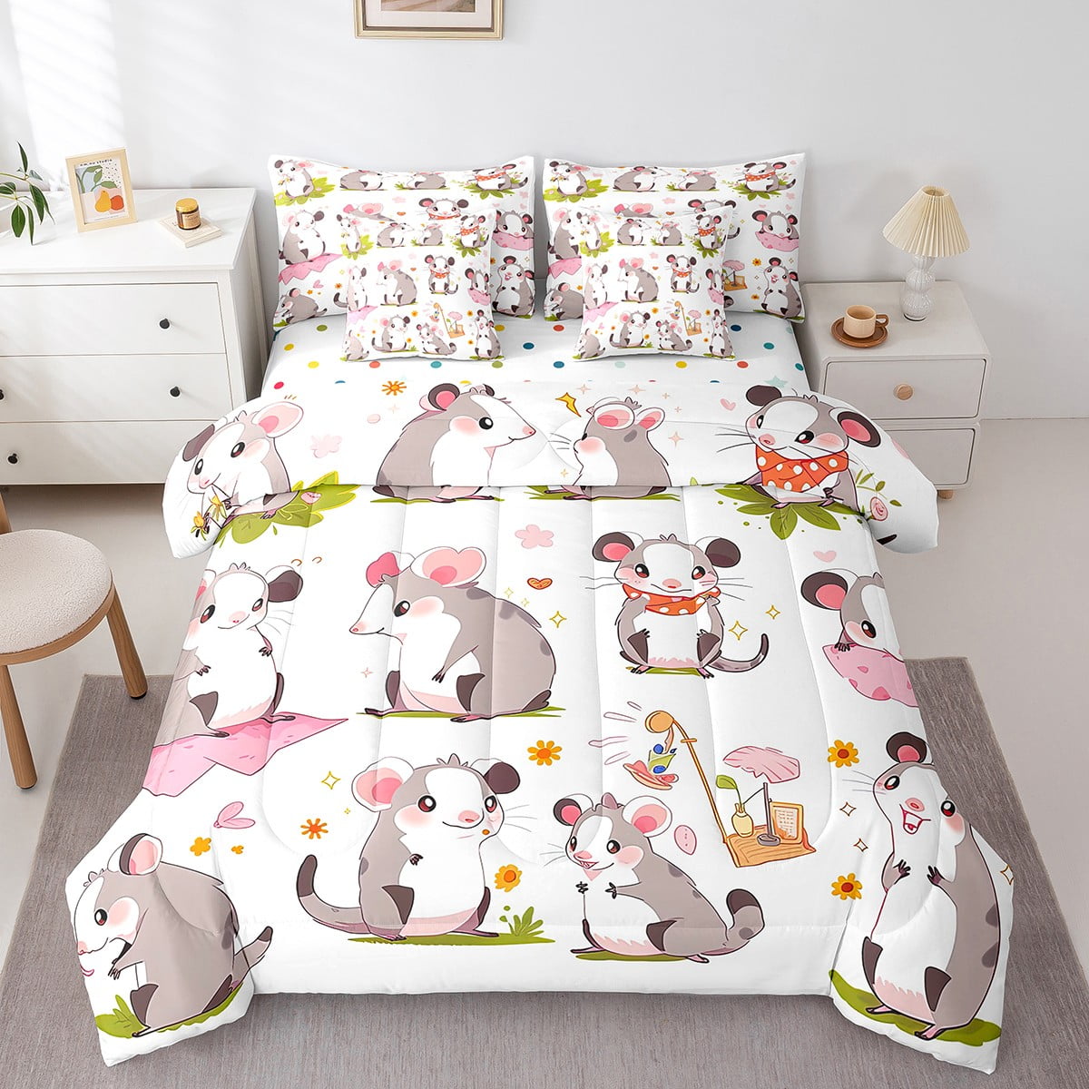 Cute Opossum Queen Comforter Set 7-Piece Funny Mouse Bedding Comforter ...