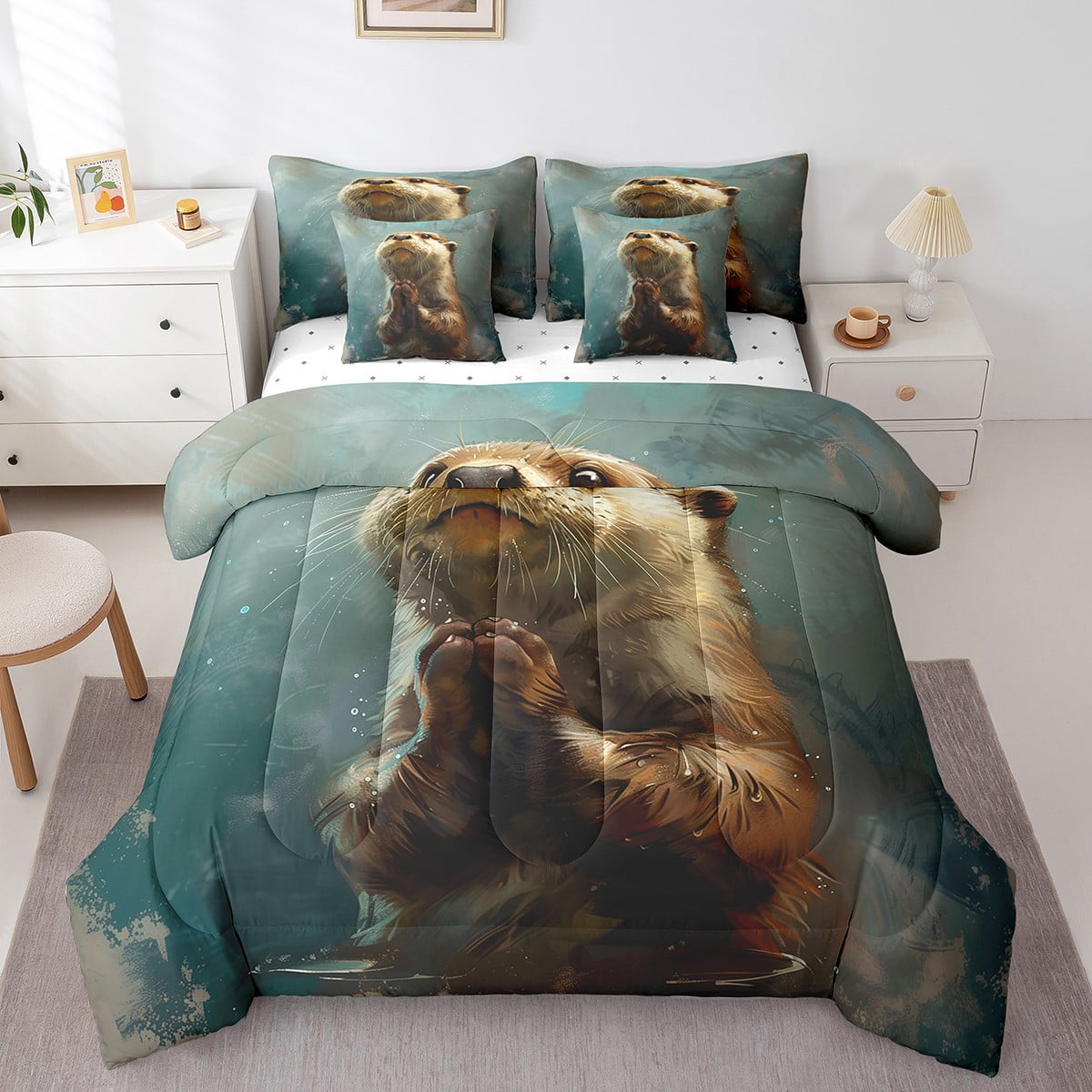 YST Cute Otter Bed in a Bag 7-Piece 3D Wildlife Bedding Set, Kawaii Zoo ...