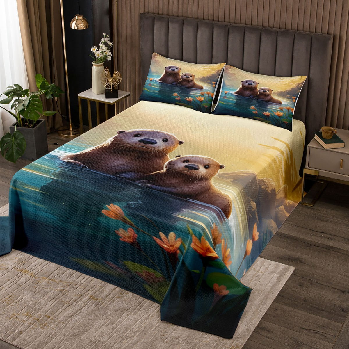 Cute Otter King Size Quilt Set for All Seasons,Cute Lake Animal Bedspread Set Gifts Bedroom ...