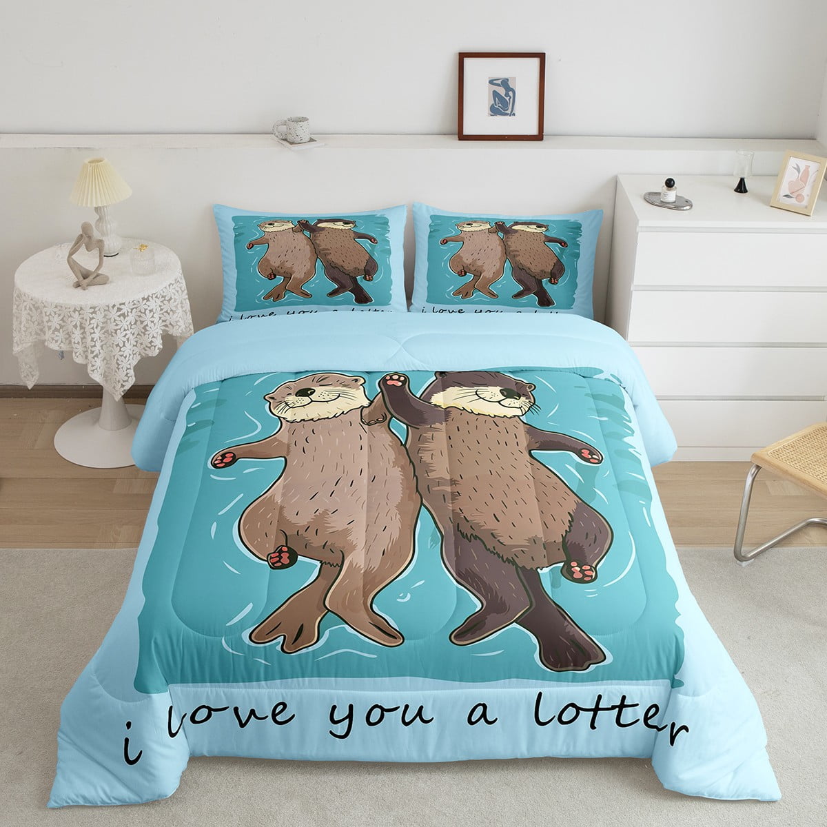 Cute Otters Comforter Set Queen Size,Funny Sea Otters Couple Bedding ...
