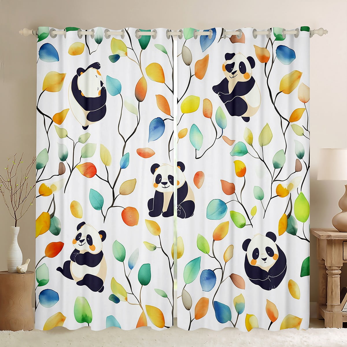 YST Cute Panda Blackout Curtains for Kids Child Hippie Floral Curtains ...