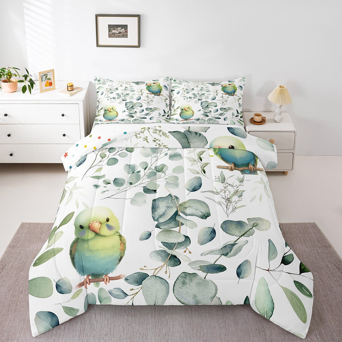 YST Cute Parrot King Comforter Set for Kids Child Green Eucalyptus ...