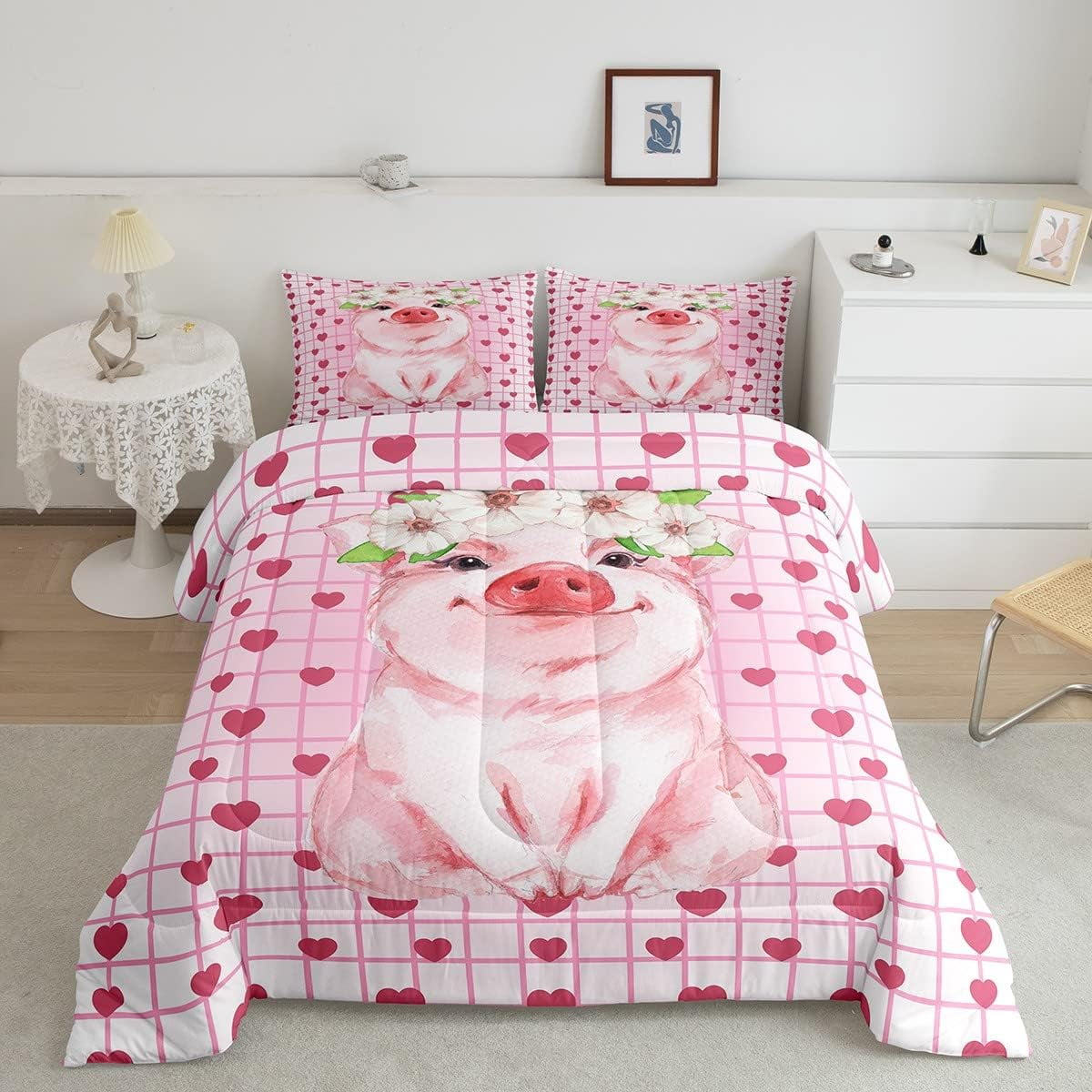Cute Pig Bedding Set Queen, Cherry Blossoms Comforter , Cartoon Pet ...