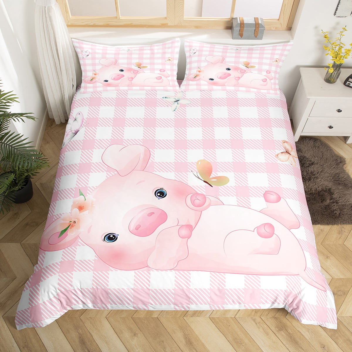Cute Pig Bedding Sets Queen Pink Plaid Buffalo Comforter Cover, Chic ...