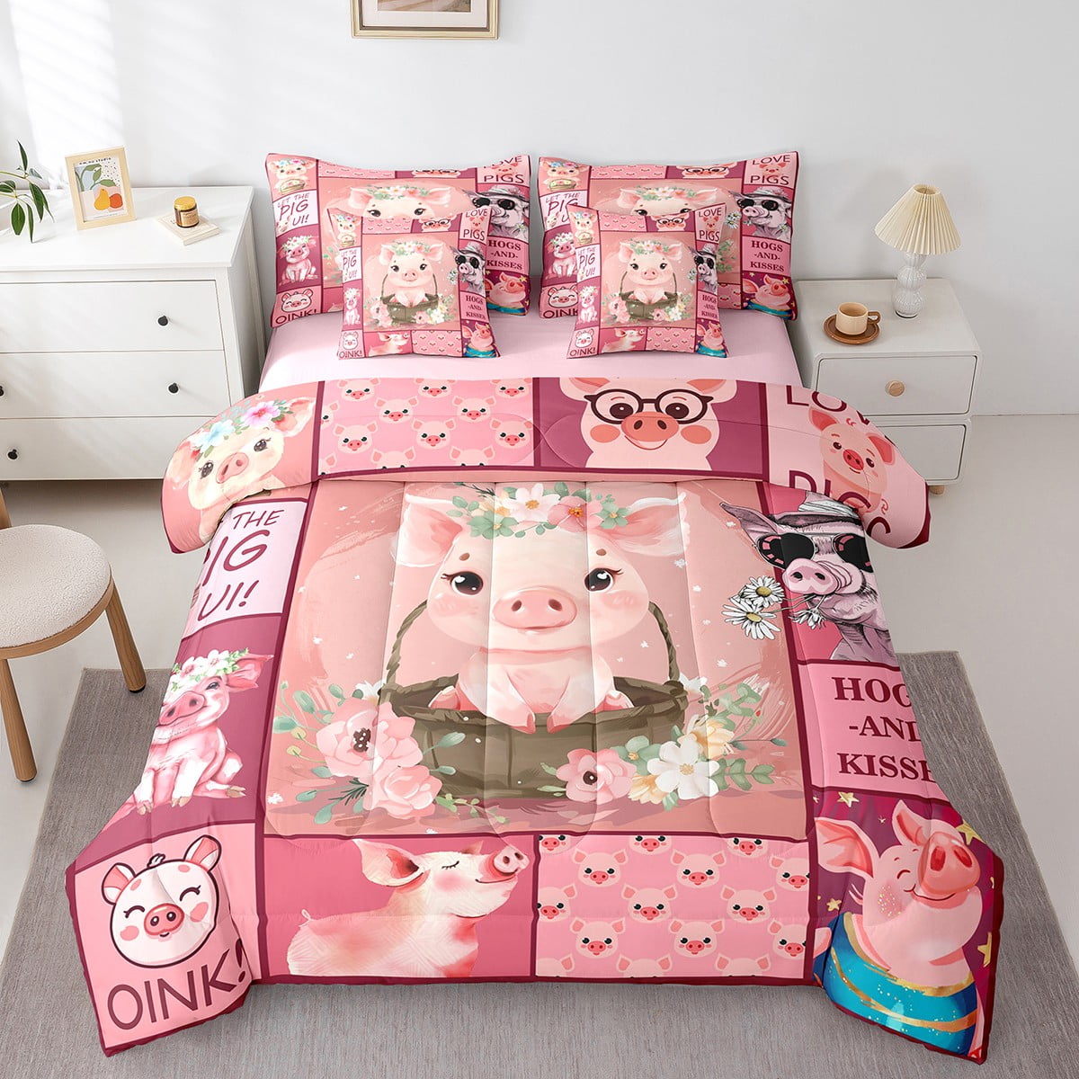 YST Cute Pig Comforter Set Twin 7 Piece Kawaii Farm Animal Bed In A Bag ...