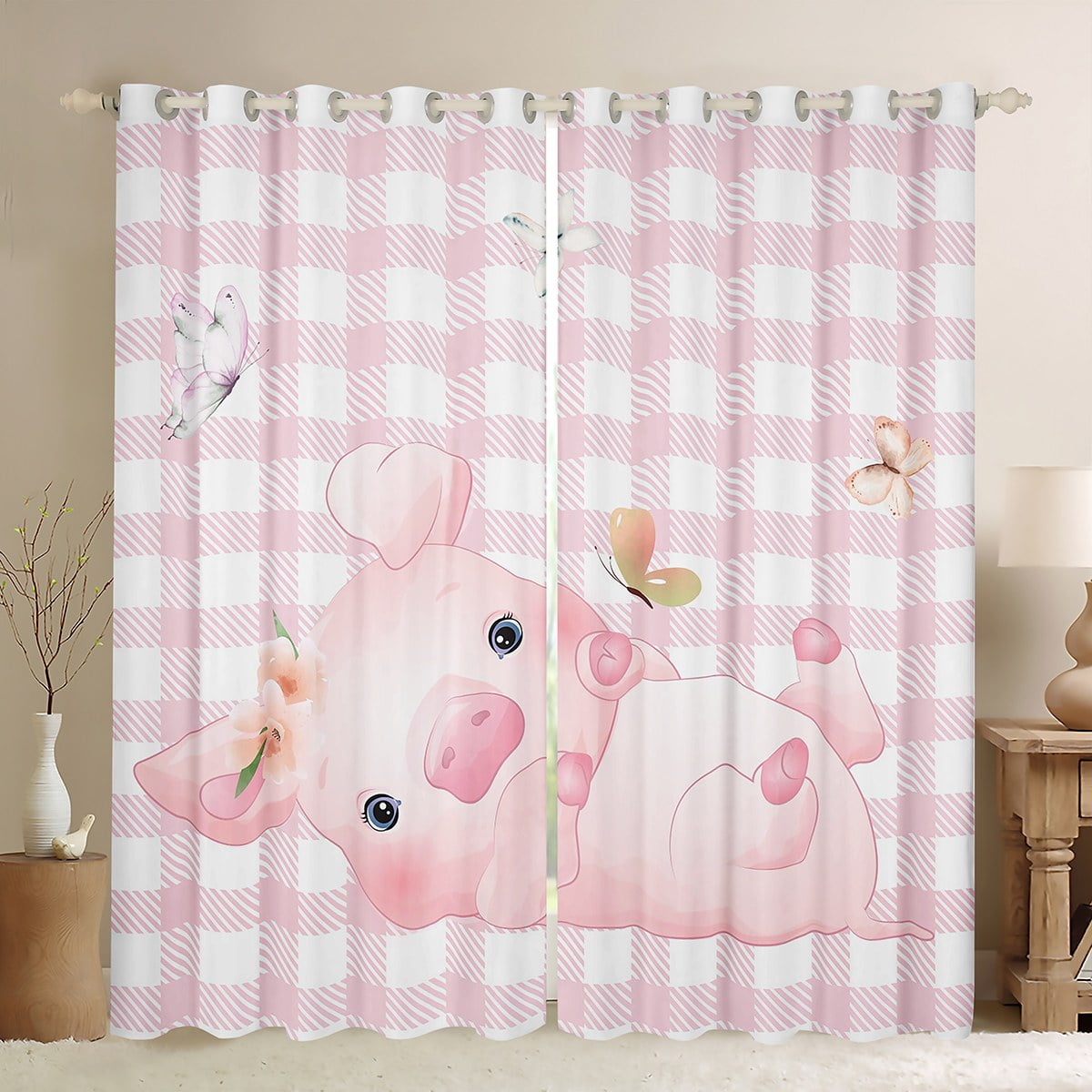 YST Cute Pig Curtains & Drapes for Girls Pink Plaid Buffalo Curtains ...