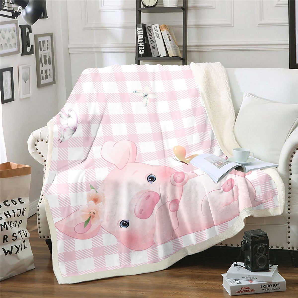 Cute Pig Throw Blanket for Couch Pink Plaid Buffalo Fleece Blanket ...