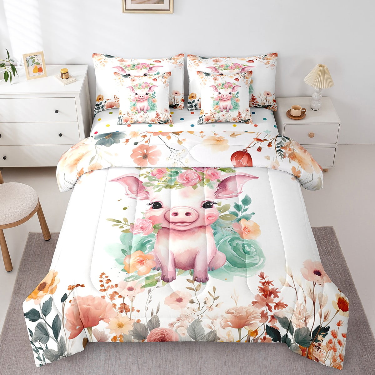 Erosebridal Cute Pig Twin Comforter Set 7-Piece Spring Floral Bedding ...