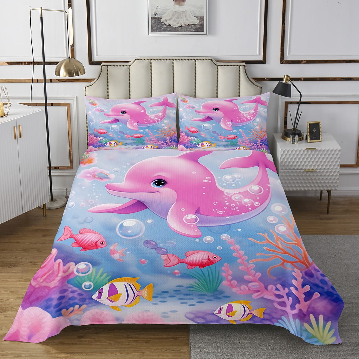 Cute Pink Dolphin Bedspread King ,Ocean Animal Sea Fish Quilt Bedding ...