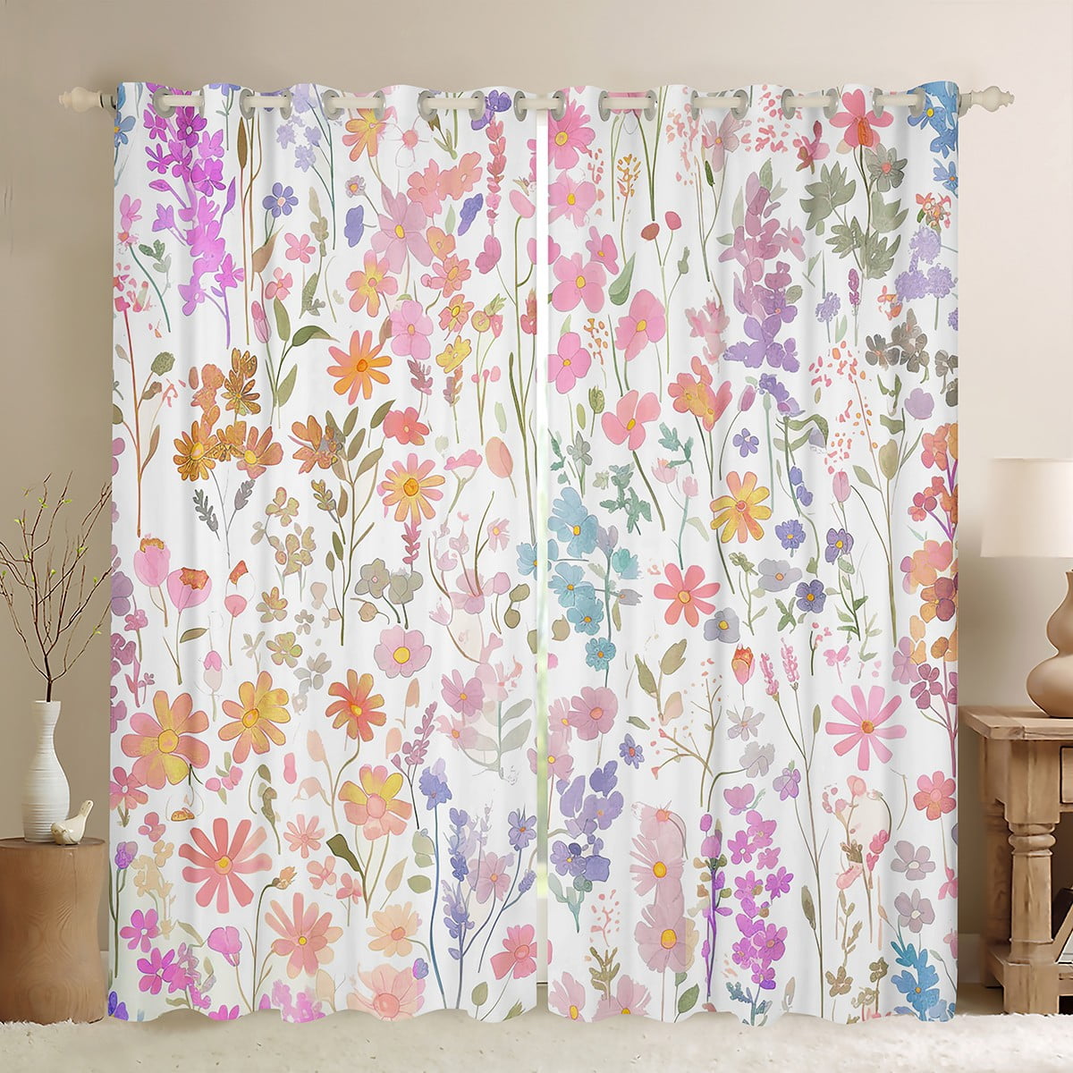 Cute Pink Floral Curtains Women,Colorful Boho Flower Curtains 30%-50% ...