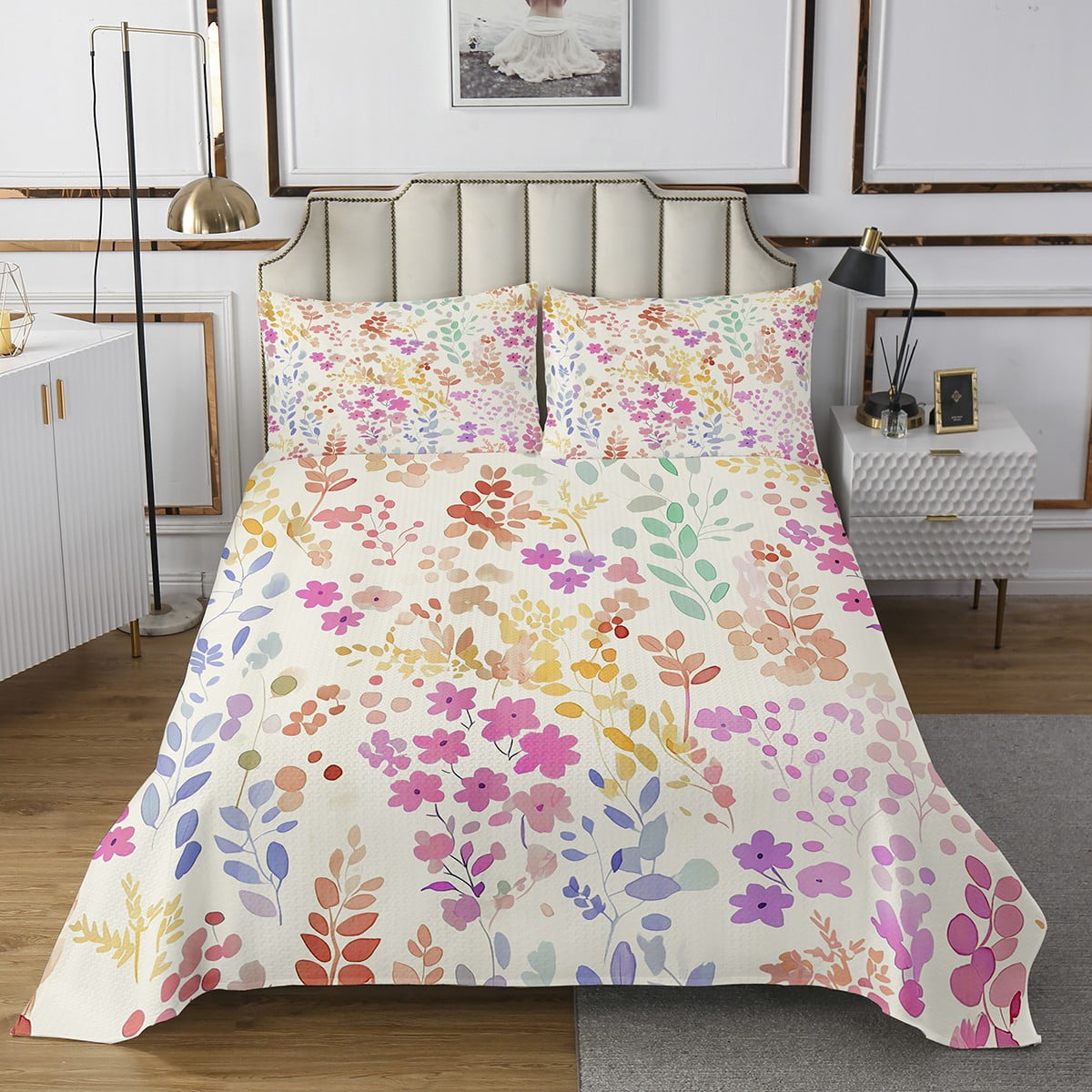 Cute Pink Floral King Bedspread Women,Watercolor Flower Quilt Bedding Set Boho Bedroom Decor ...