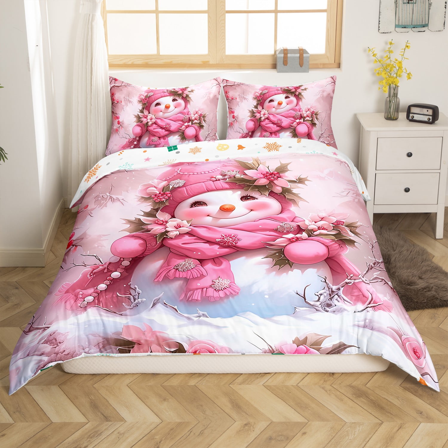 Cute Pink Snowman Full Bedding Set,Winter Themed Snow Duvet Cover ...