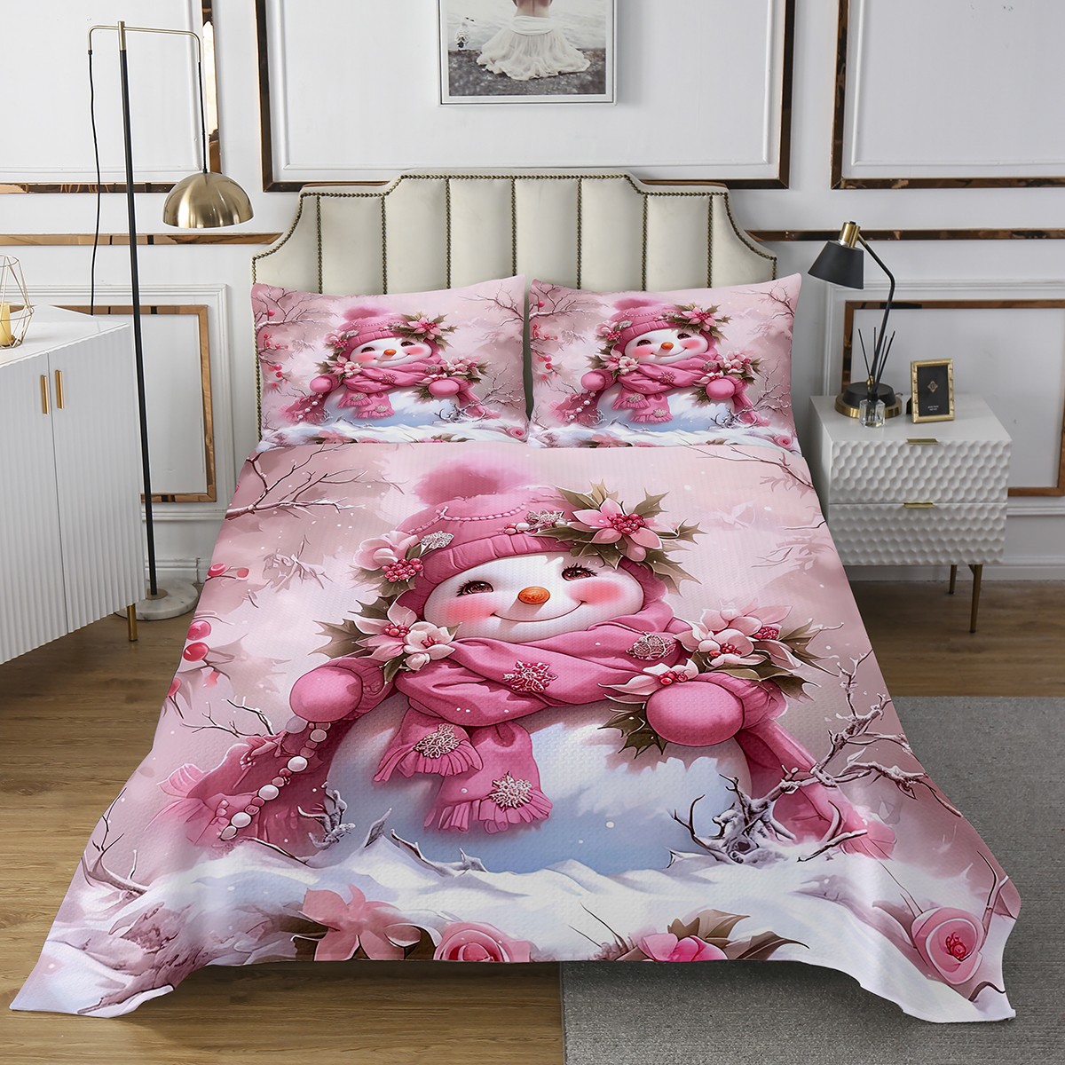 YST Cute Pink Snowman King Quilt Bedding Set,Winter Themed Snow ...