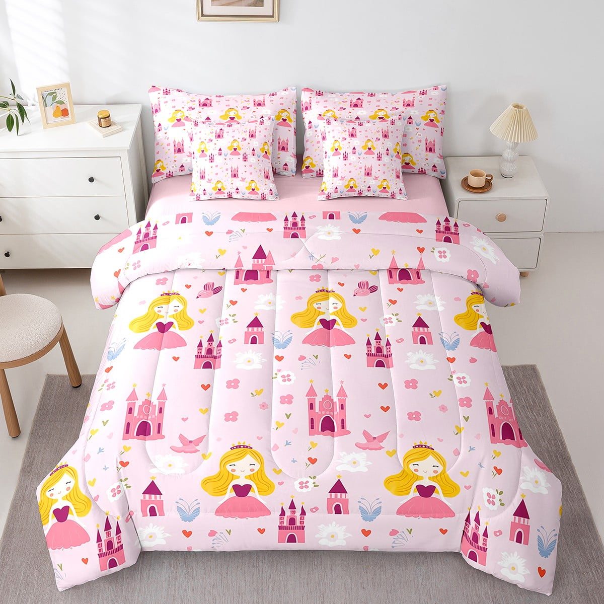 YST Cute Princess Bedding Full Size 7pcs, Cartoon Castle Printed Soft ...