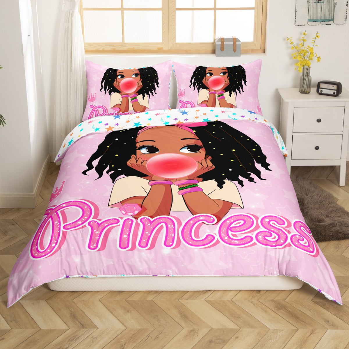 Cute Princess Duvet Cover Queen Kawaii Black Queen Bedding Set, Afro ...
