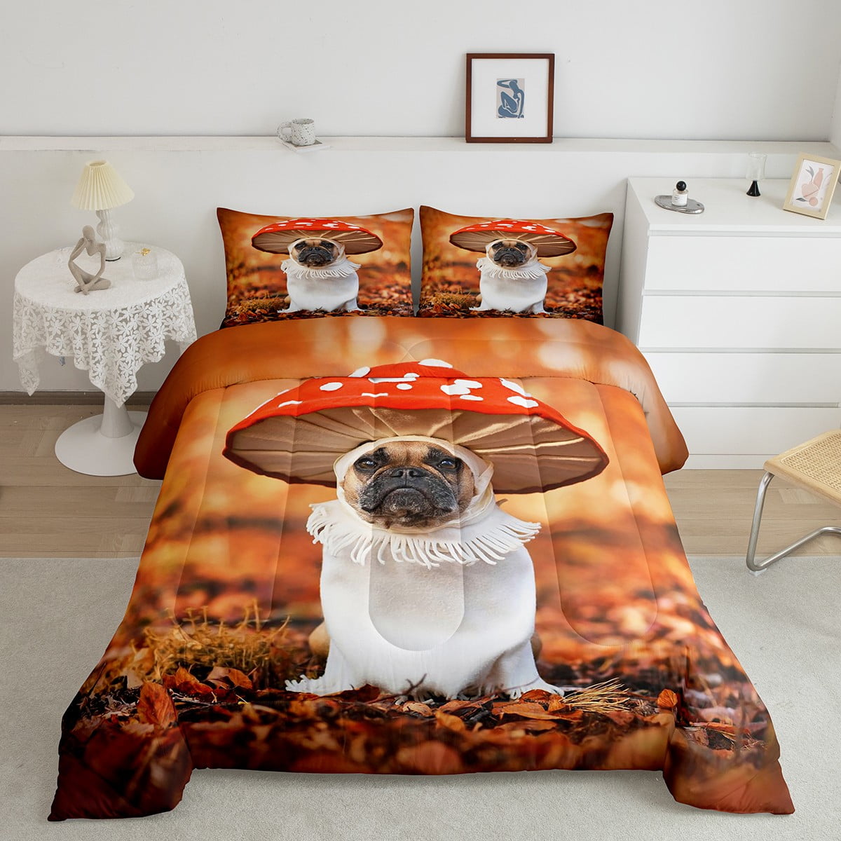 YST Cute Pug Comforter Set Queen Hippie Mushroom Bedding Set, Red Wild ...