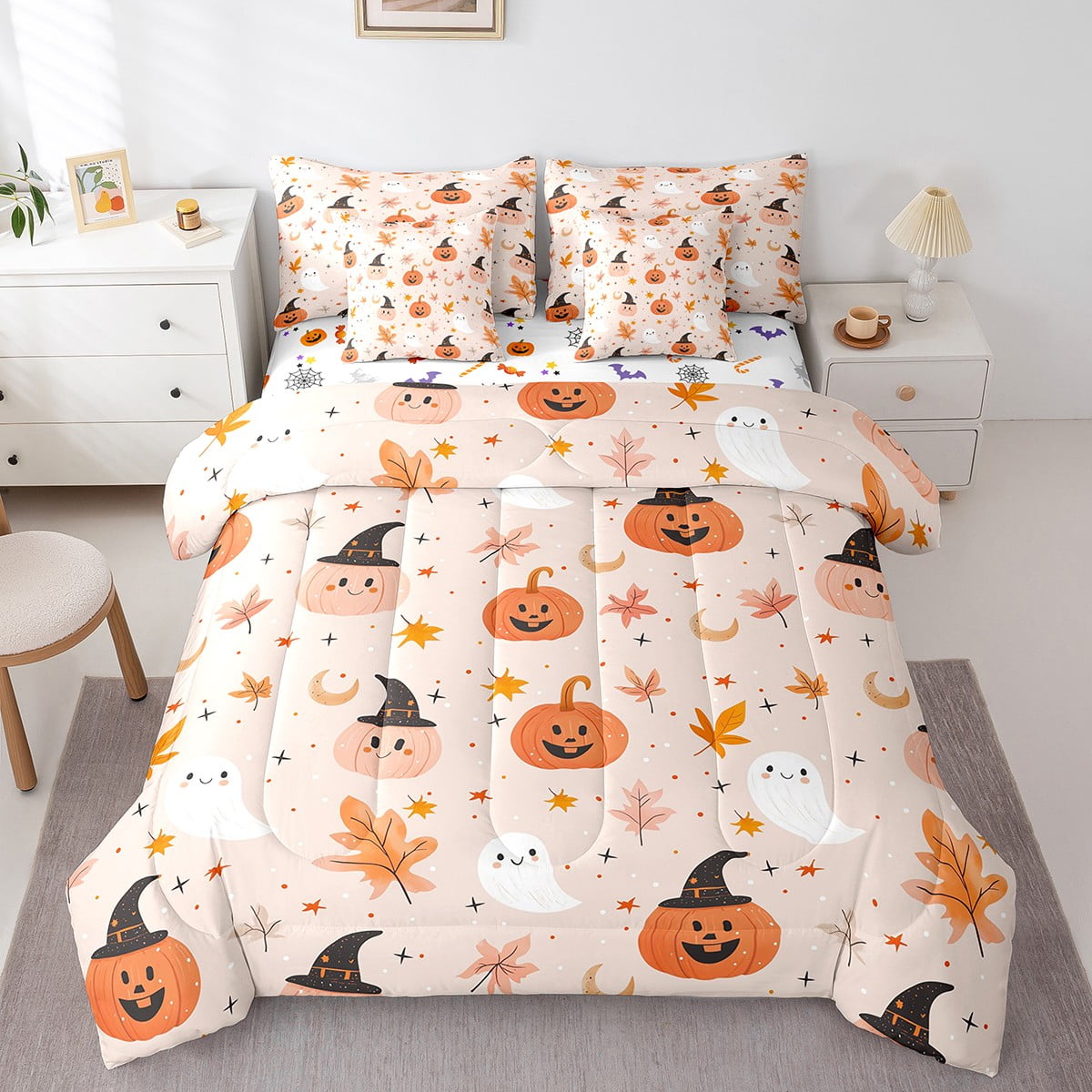 Erosebridal Cute Pumpkin Ghost Comforter Set 7 Piece King Cartoon Fall ...