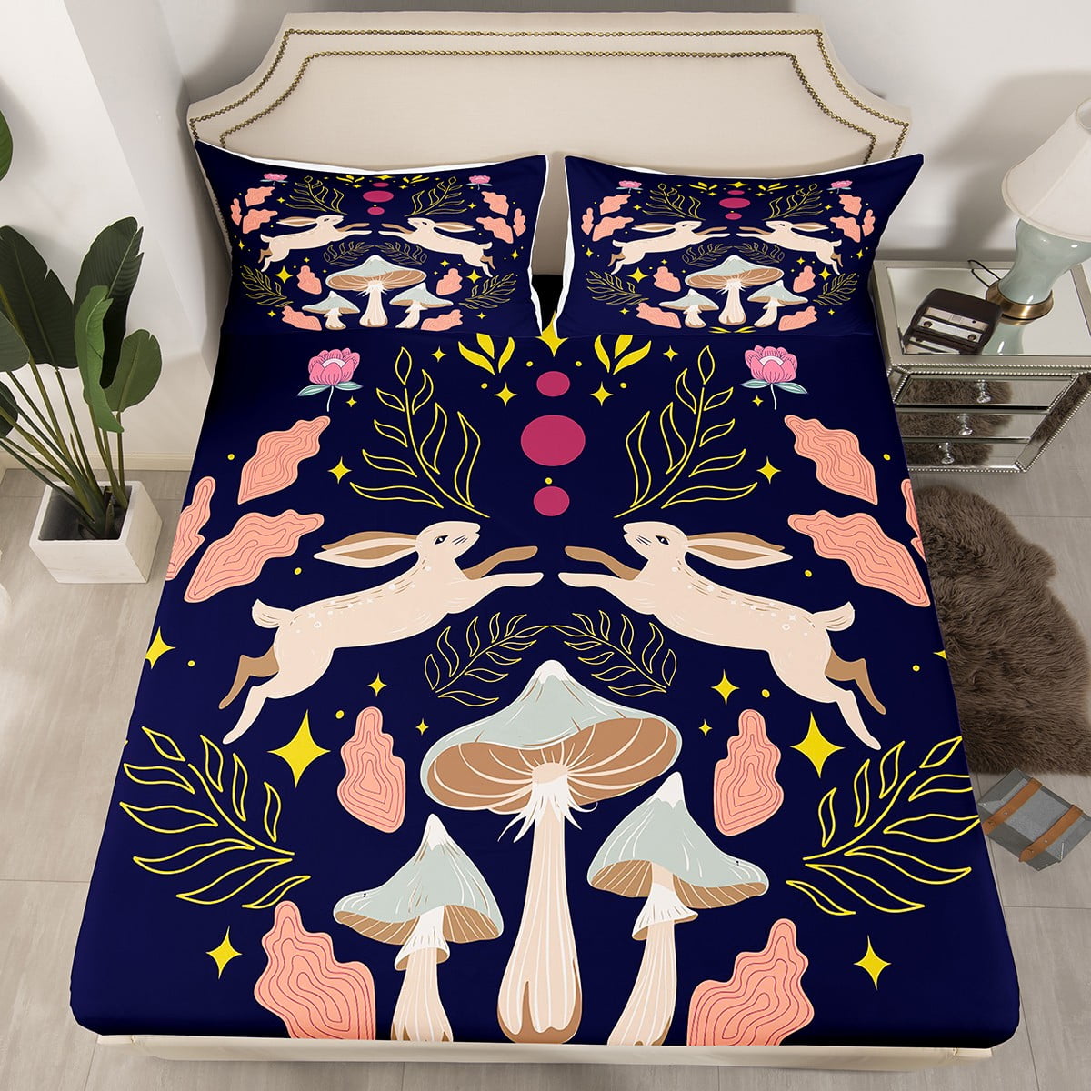 YST Cute Rabbit Bed Sheets Queen,Wild Mushroom Animal Jungle Plants ...