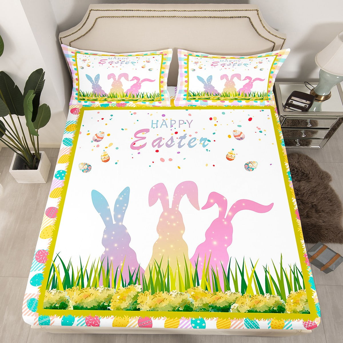 YST Cute Rabbit Bed Sheets Twin Cartoon Gradient Rabbit Print Fitted ...