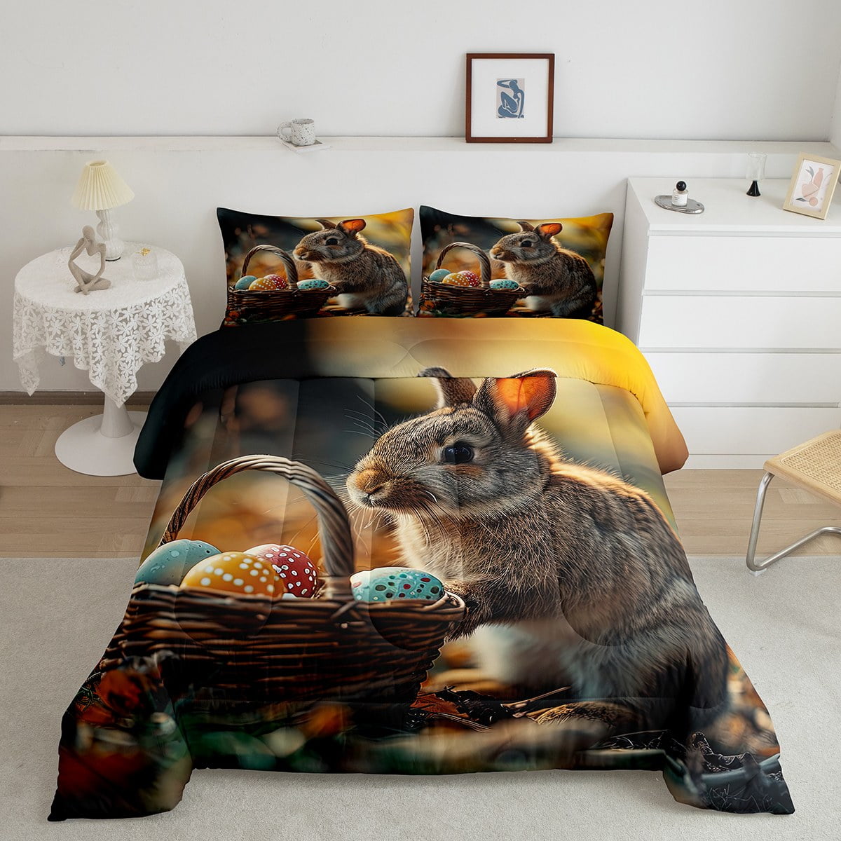 YST Cute Rabbit Bedding King for Girls Boys Easter Eggs Decor Comforter ...