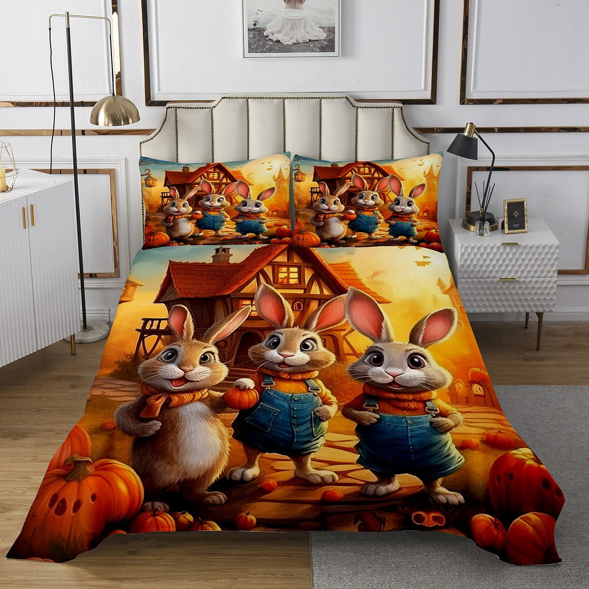Cute Rabbit Bedspread Twin,Farmhouse Animal Print Bunny Quilt Bedding ...