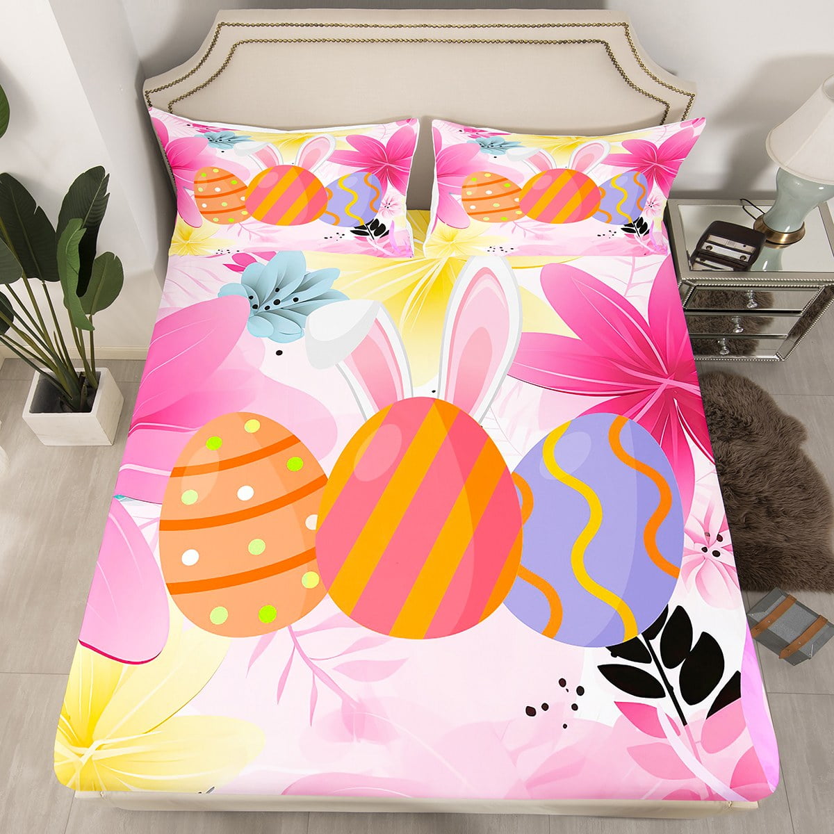 YST Cute Rabbit Fitted Sheet Colorful Easter Eggs Print Bed Sheets Full ...