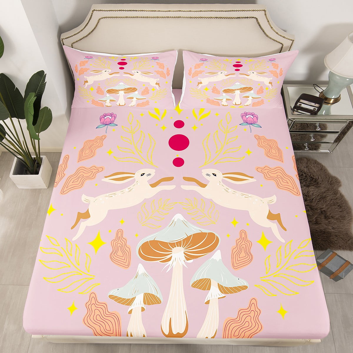 YST Cute Rabbit Sheets with 2 Pillow Shams,Wild Mushroom Animal Jungle ...