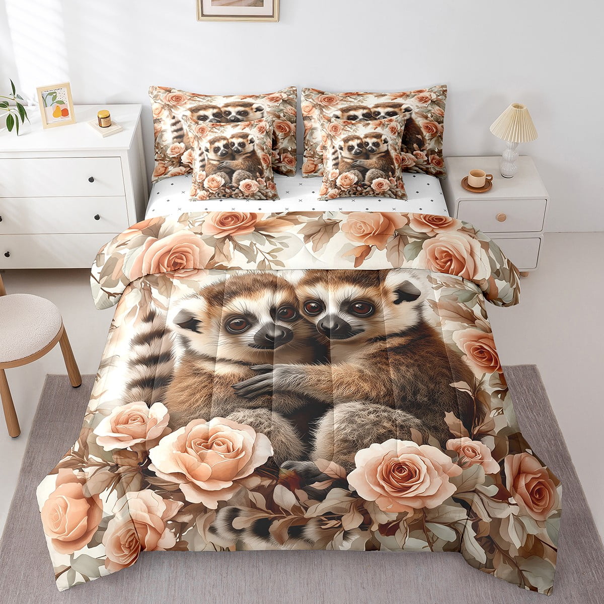 YST Cute Raccoon 7 Piece Bed in a Bag Full,Rose Vintage Flower Floral ...