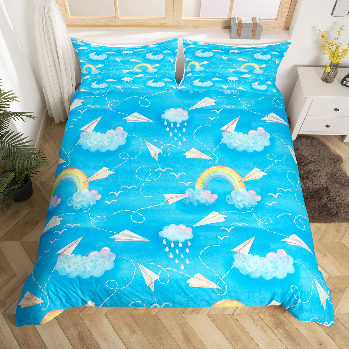 Erosebridal Cute Rainbow Bed Set White Paper Plane Duvet Cover, Kawaii ...