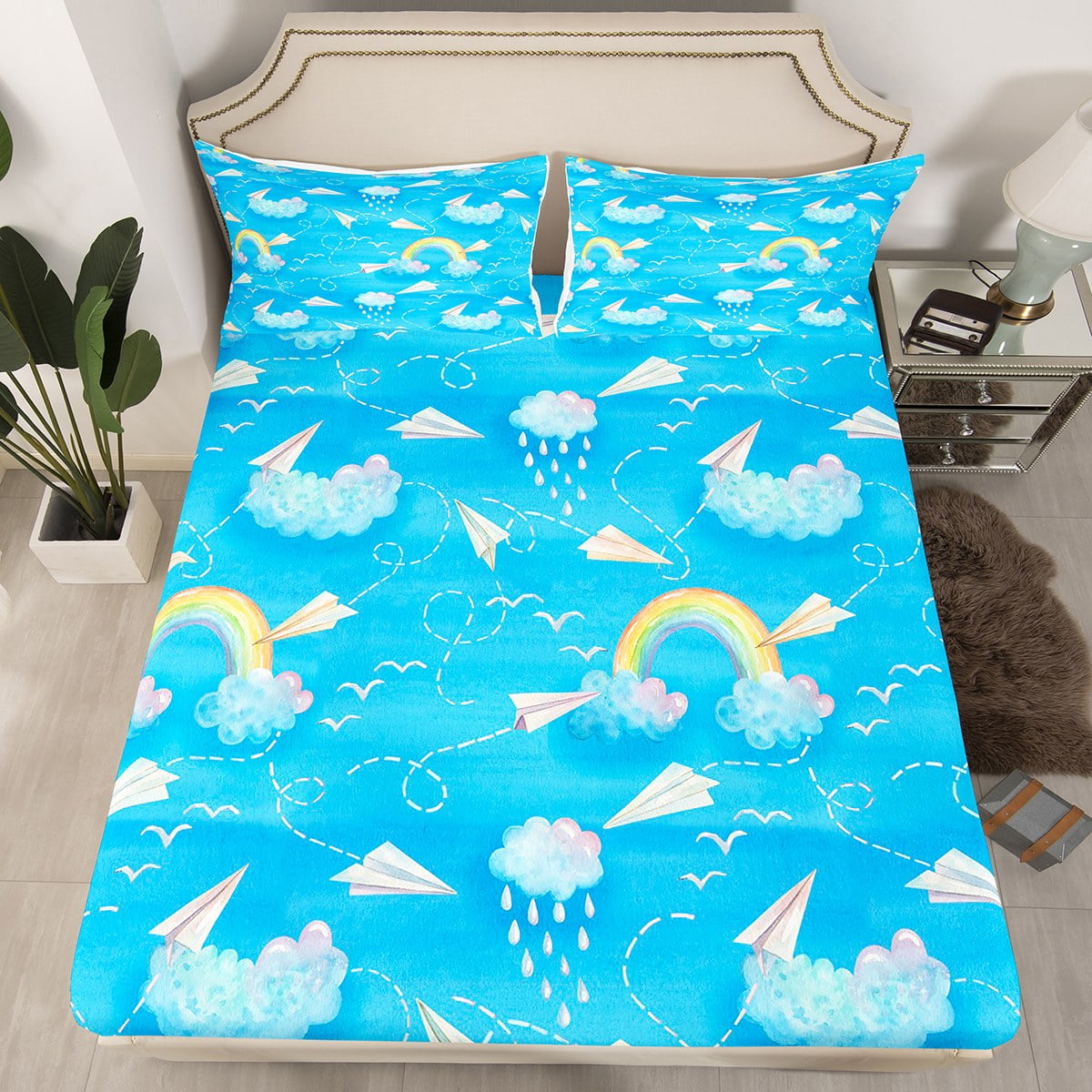 YST Cute Rainbow Bed Sheets for Girls Boys White Paper Plane Fitted ...