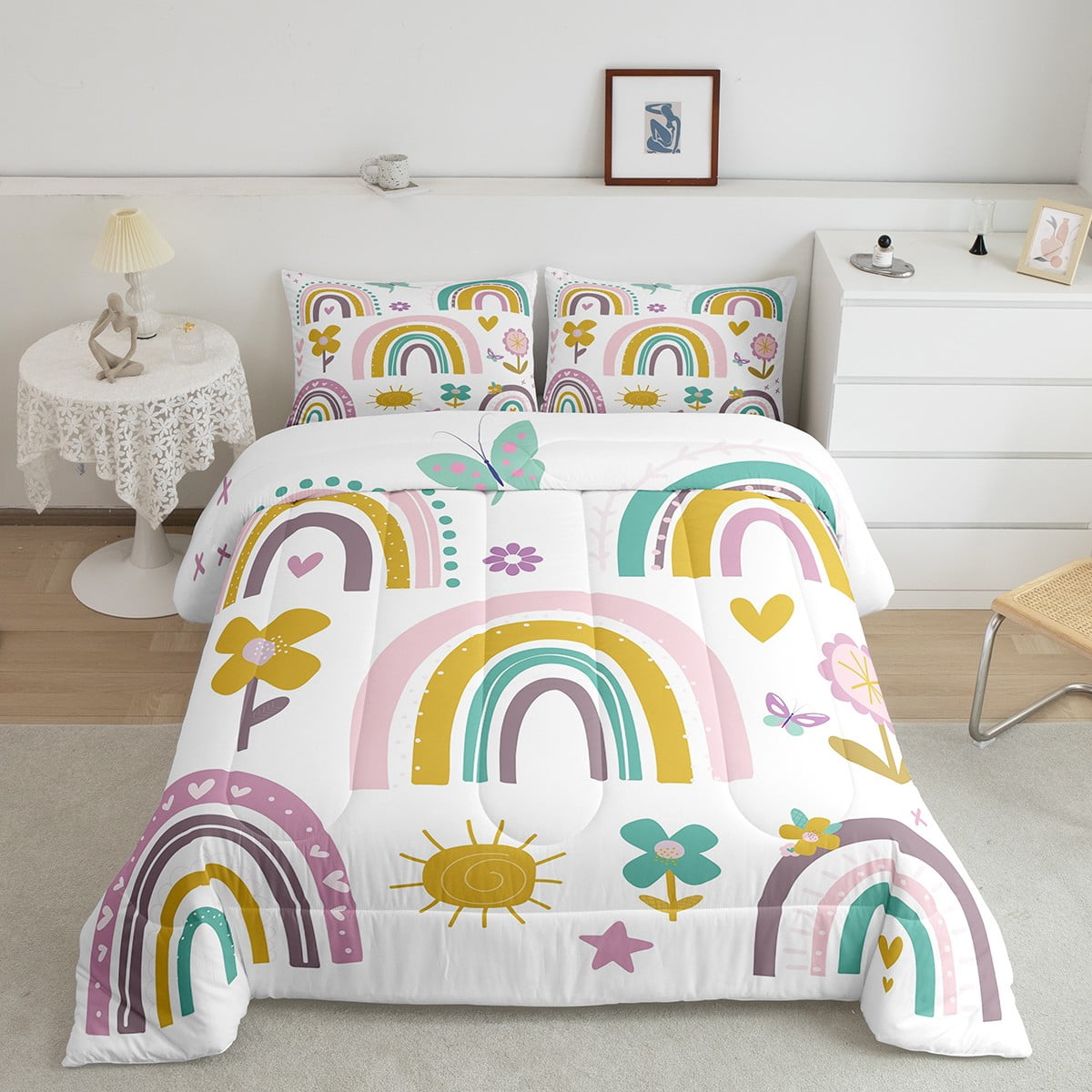Cute Rainbow Bedding Colorful Stripes Comforter Set, Lovely Cartoon ...