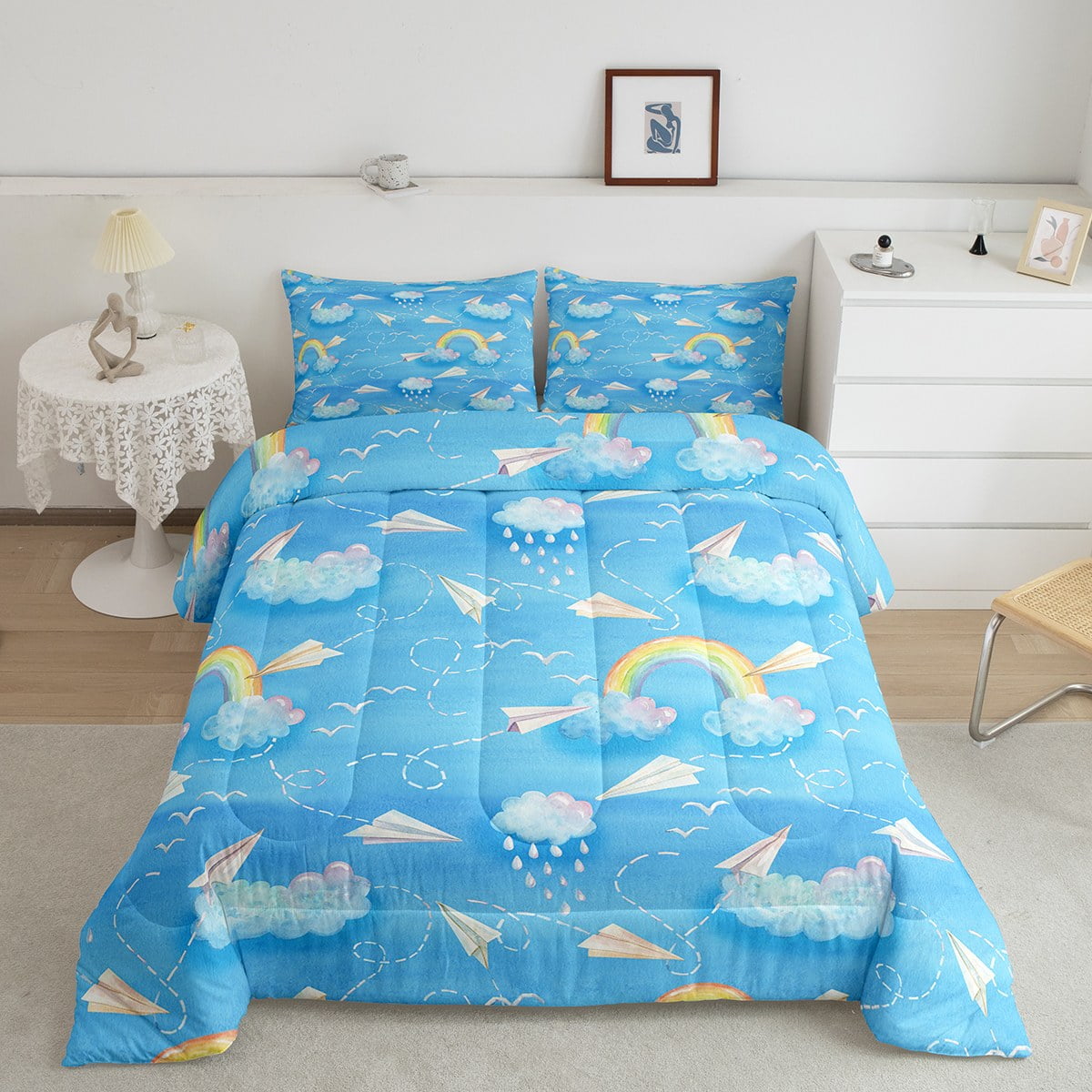 YST Cute Rainbow Bedding Full for Girls Boys White Paper Plane ...