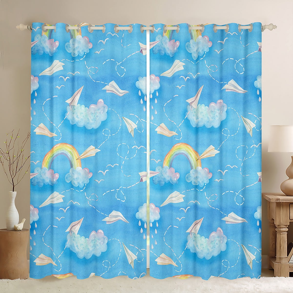 Erosebridal Cute Rainbow Blackout Curtains White Paper Plane Curtains ...