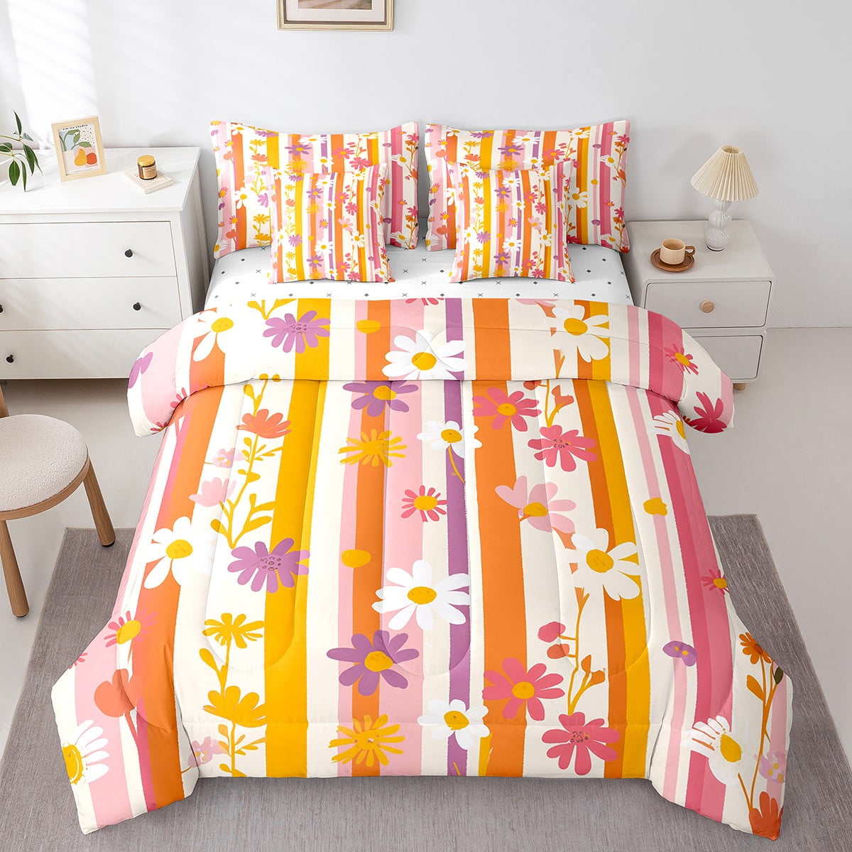 Cute Rainbow Floral Comforter Set King 7 Piece Retro 70S 60S Hippie ...