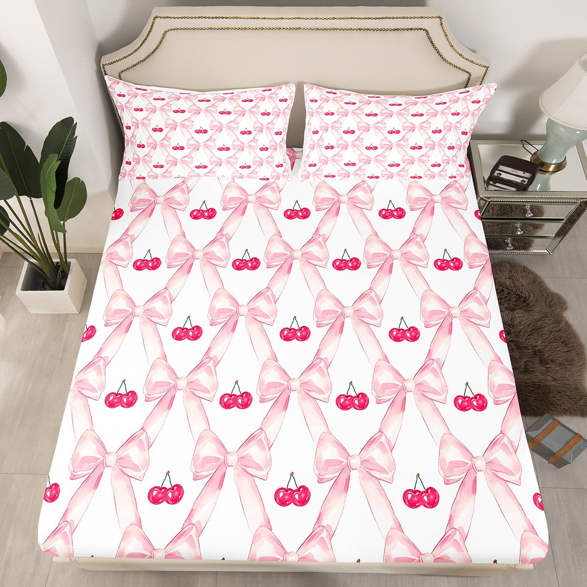 YST Cute Ribbon Bow Girls Bedding Set,Pink Kawaii Cherry Bed Sheets For ...