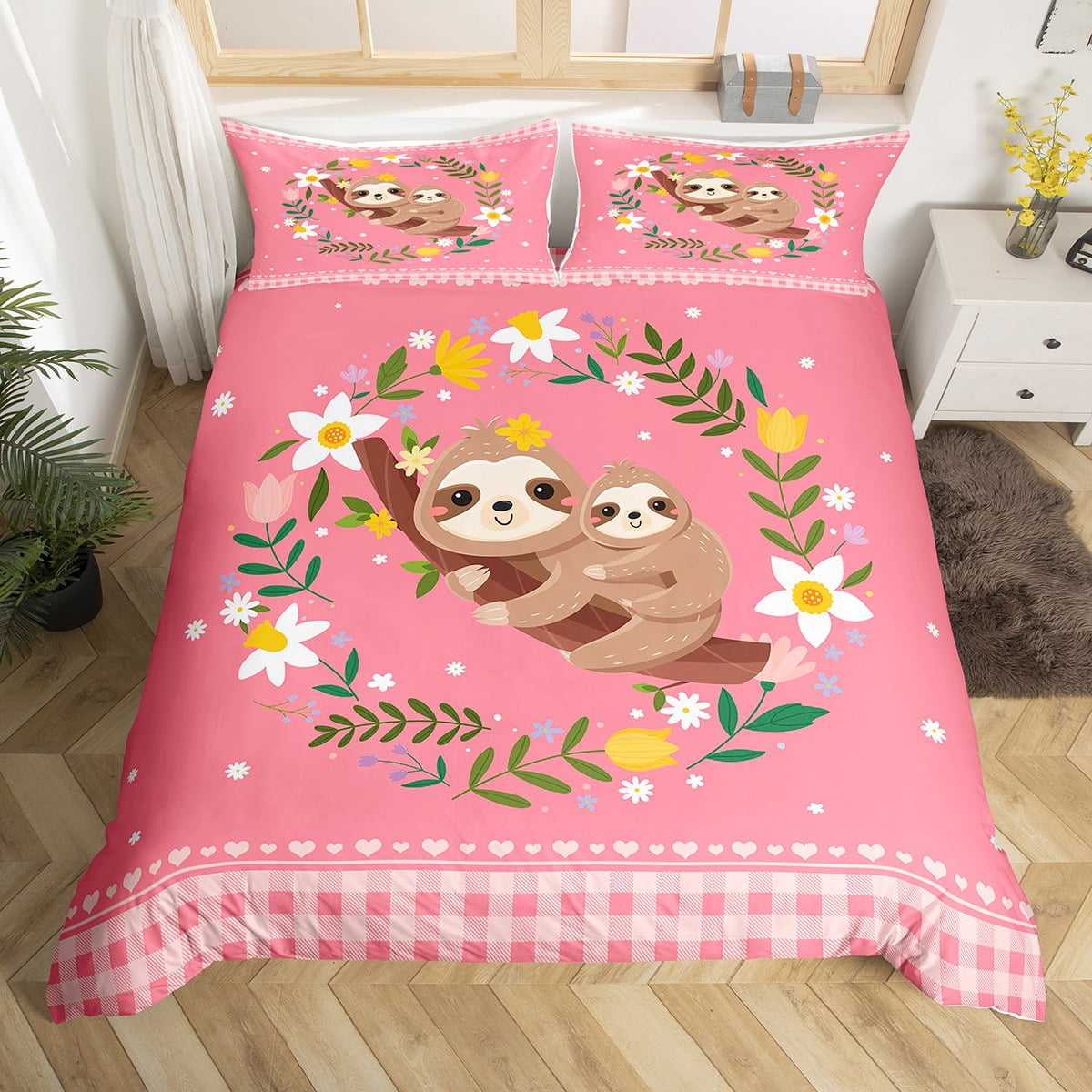 Erosebridal Cute Sloth Bed Set Animal Duvet Cover, Pink Buffalo Bedding ...