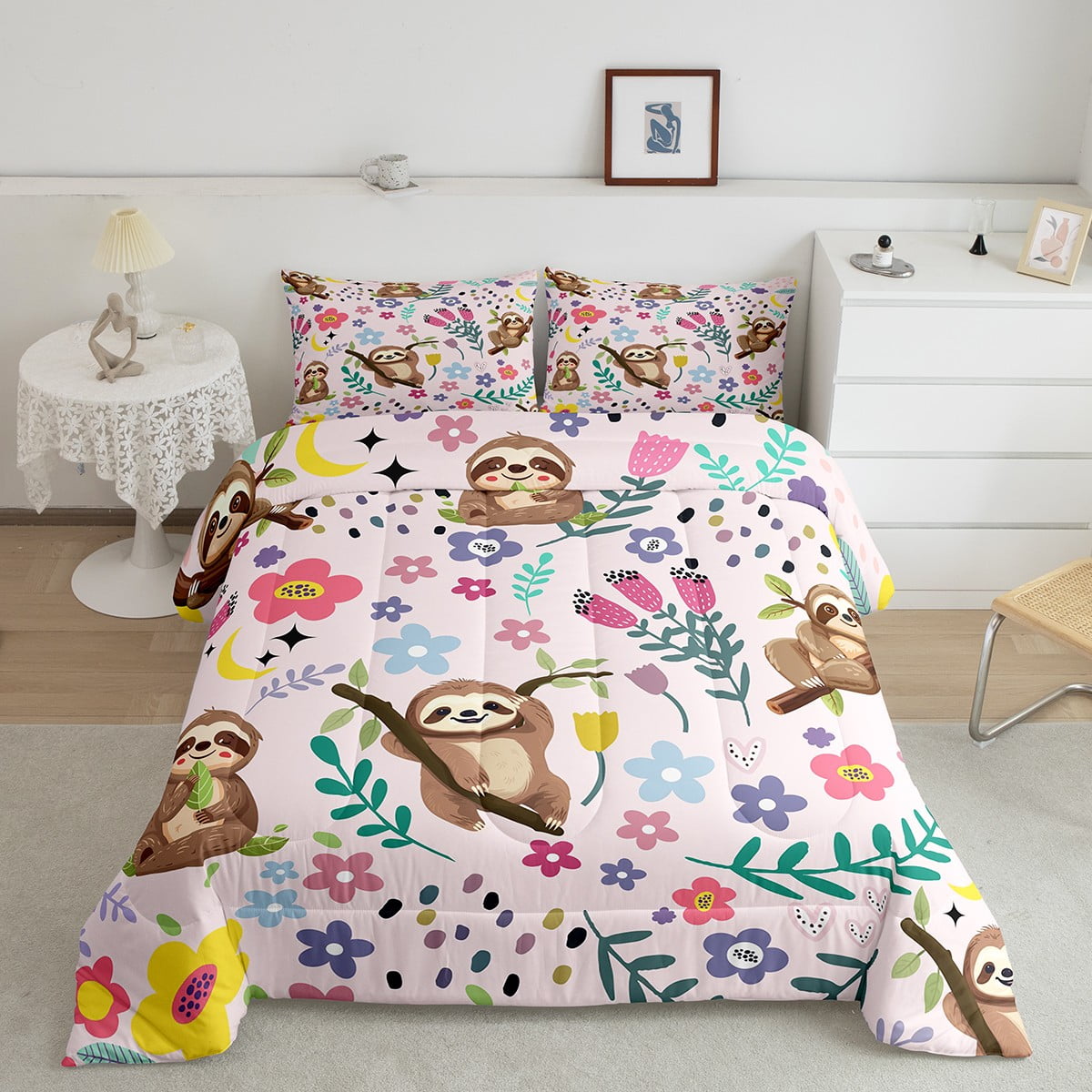 YST Cute Sloth Comforter Set for Kids Girls,Cartoon Animal Bedding ...